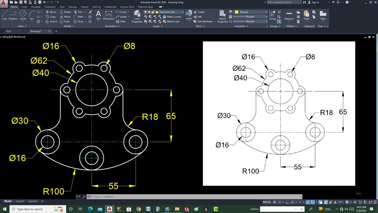 2D Mechanical Drawing In AutoCAD 2020 Practice Tutorial For Beginner In ...