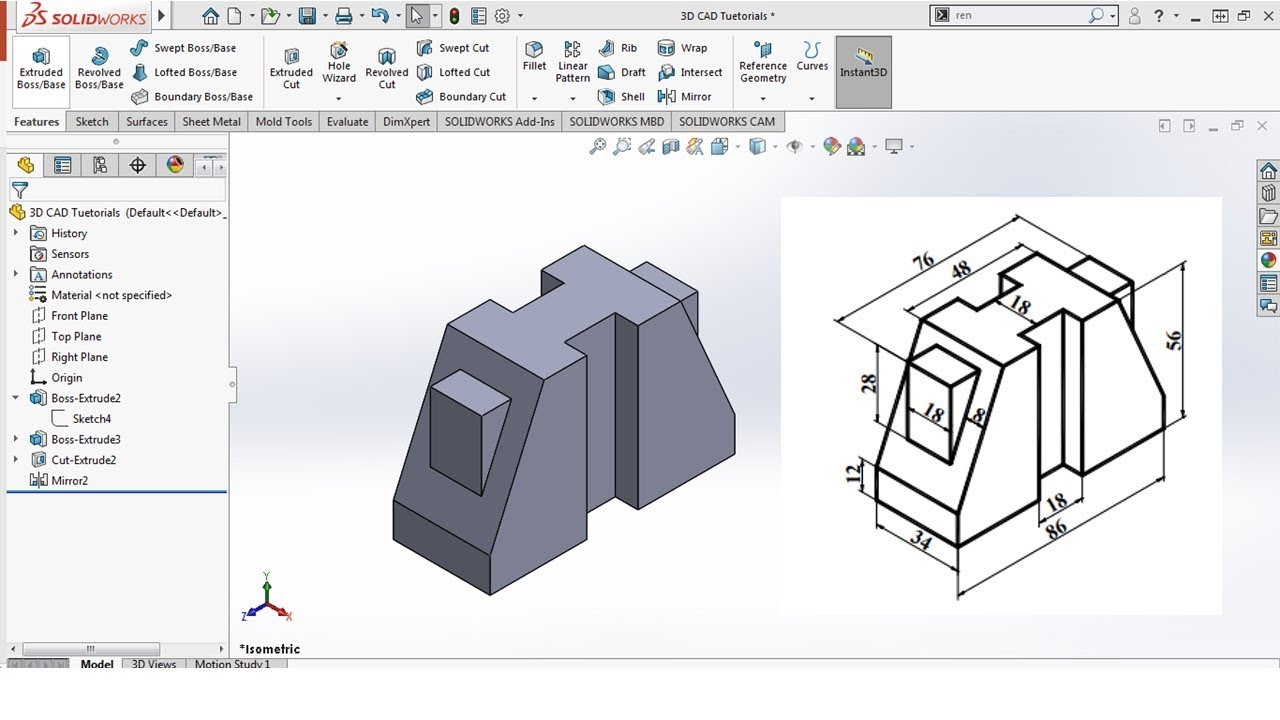SolidWorks Tutorial for beginners Exercise 07 dynamic mirror - YouTube