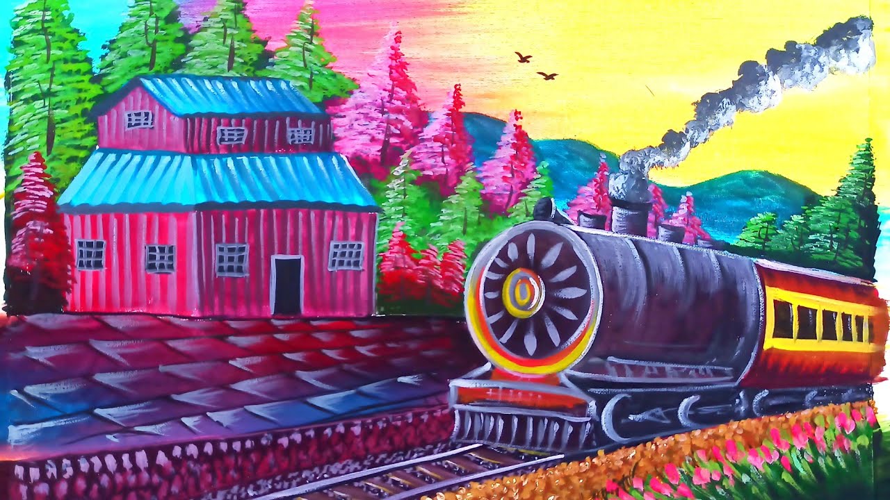 Painting of An Autumn Railway station|| Nature Scenery Drawing And ...