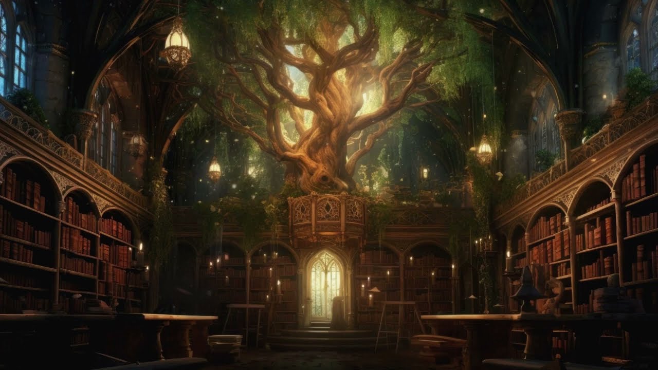 Magical Library | Fireplace And Library Sounds, Bird Singing, Ambient ...