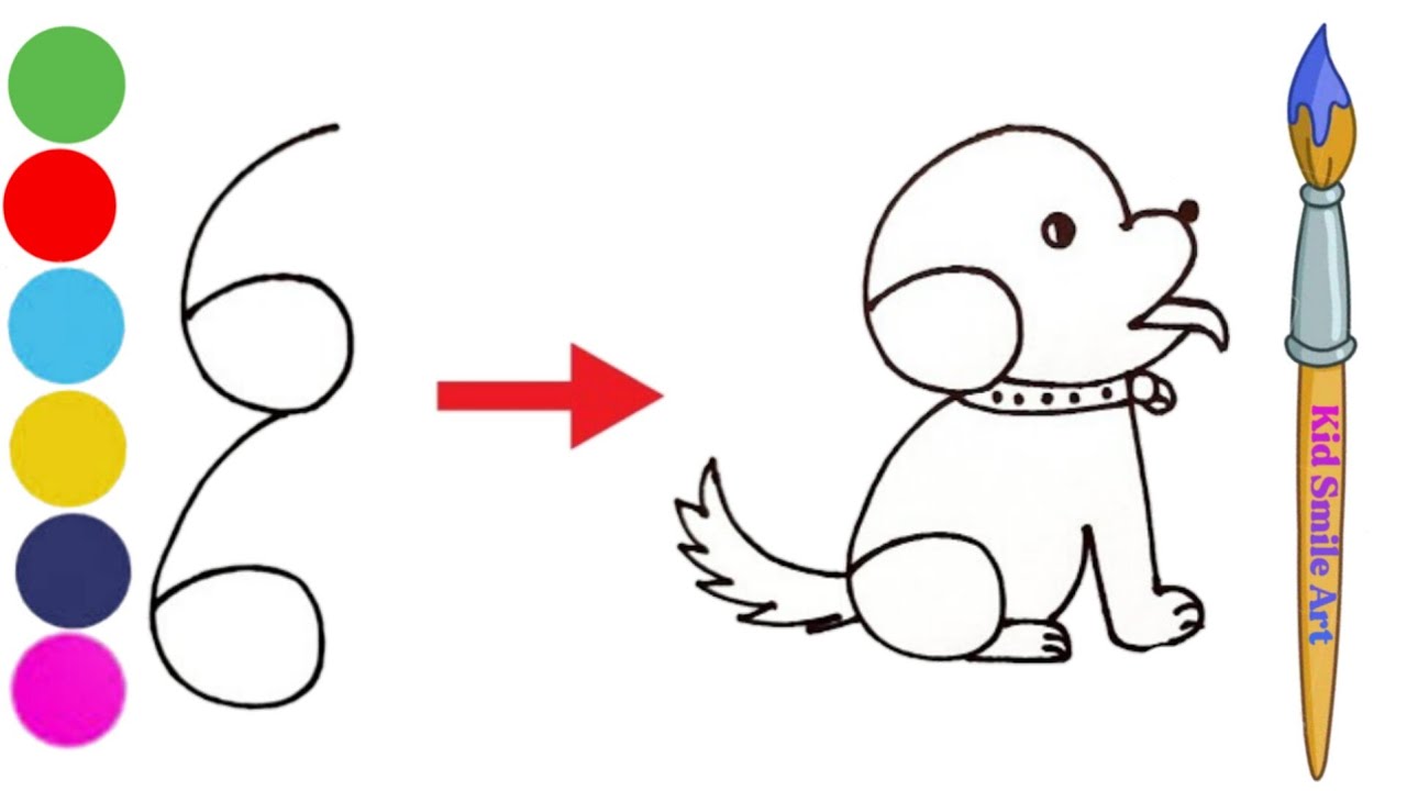 Easy dog drawing from number 6|Easy drawing for kids and toddlers|Very ...