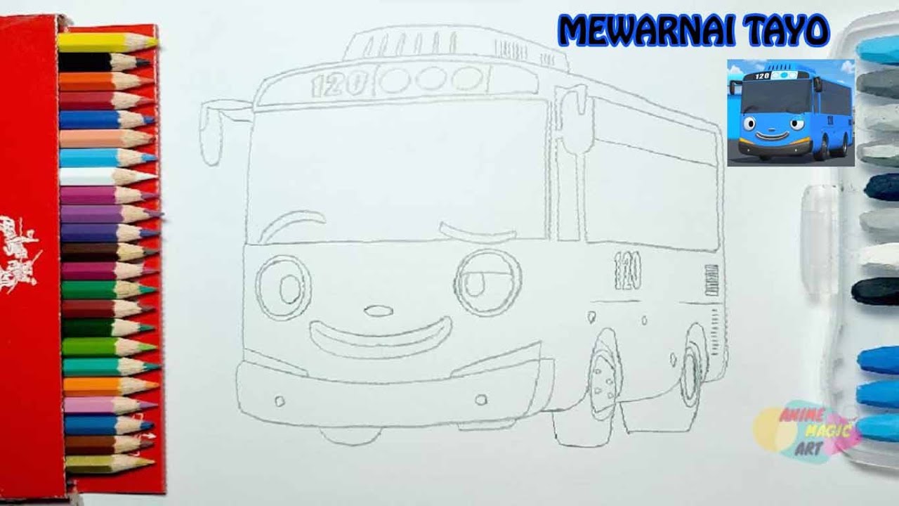 Sketsa Menggambar dan Mewarnai Mobil Tayo dengan menggunakan crayon ...
