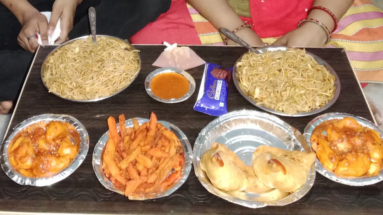Fast Food Challenge: Eating Chowmein, Samosa, French Fries and Gravy ...