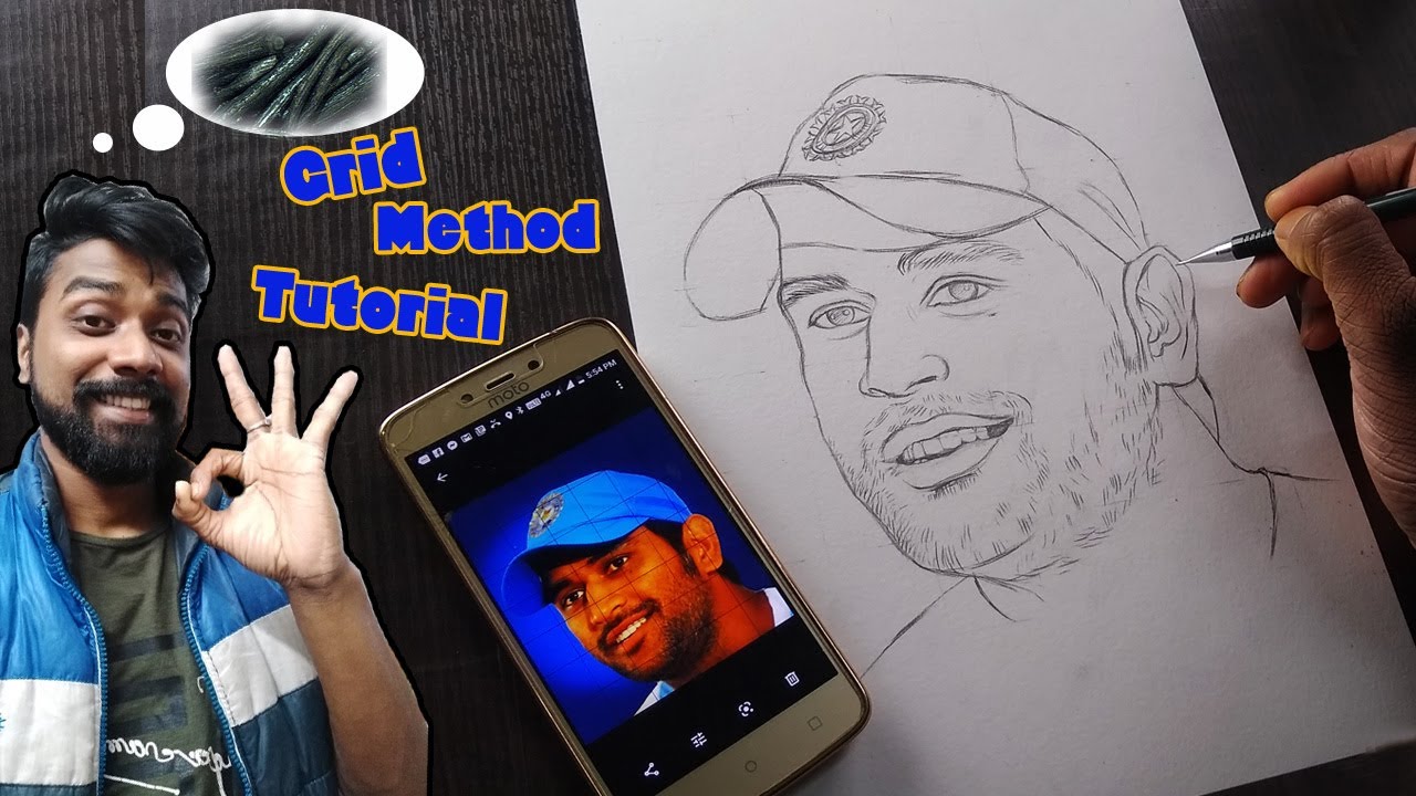 Drawing MS Dhoni Step by Step | Grid Outline Tutorial - YouTube