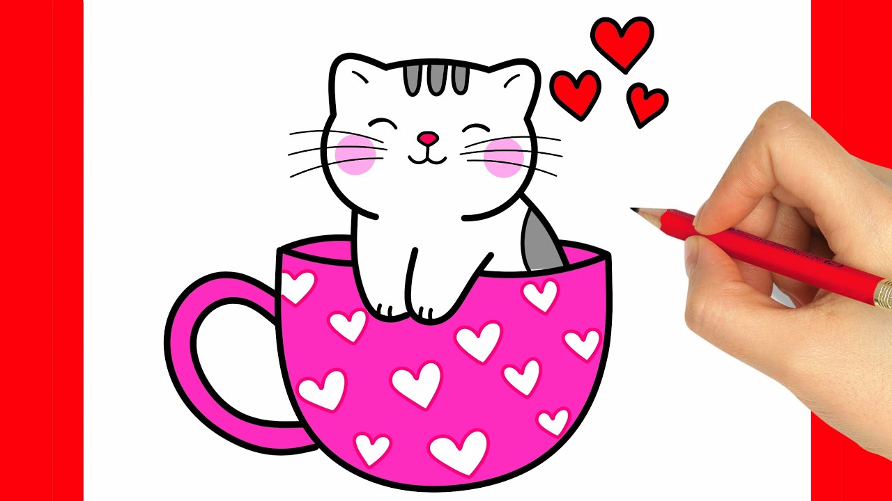 Baby kitten inside love cup - HOW TO DRAW A CUTE CAT - YouTube