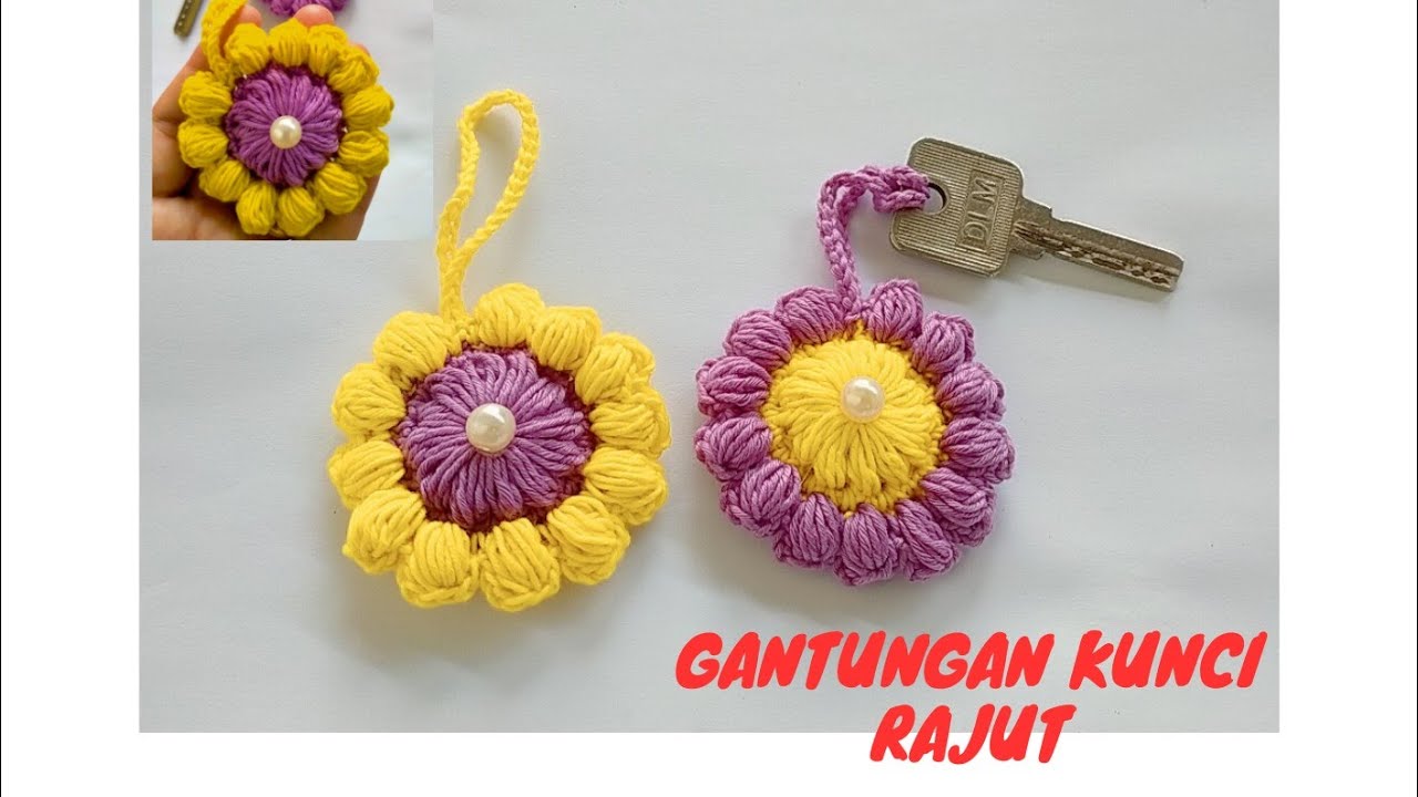 gantungan kunci rajut motif bunga - YouTube