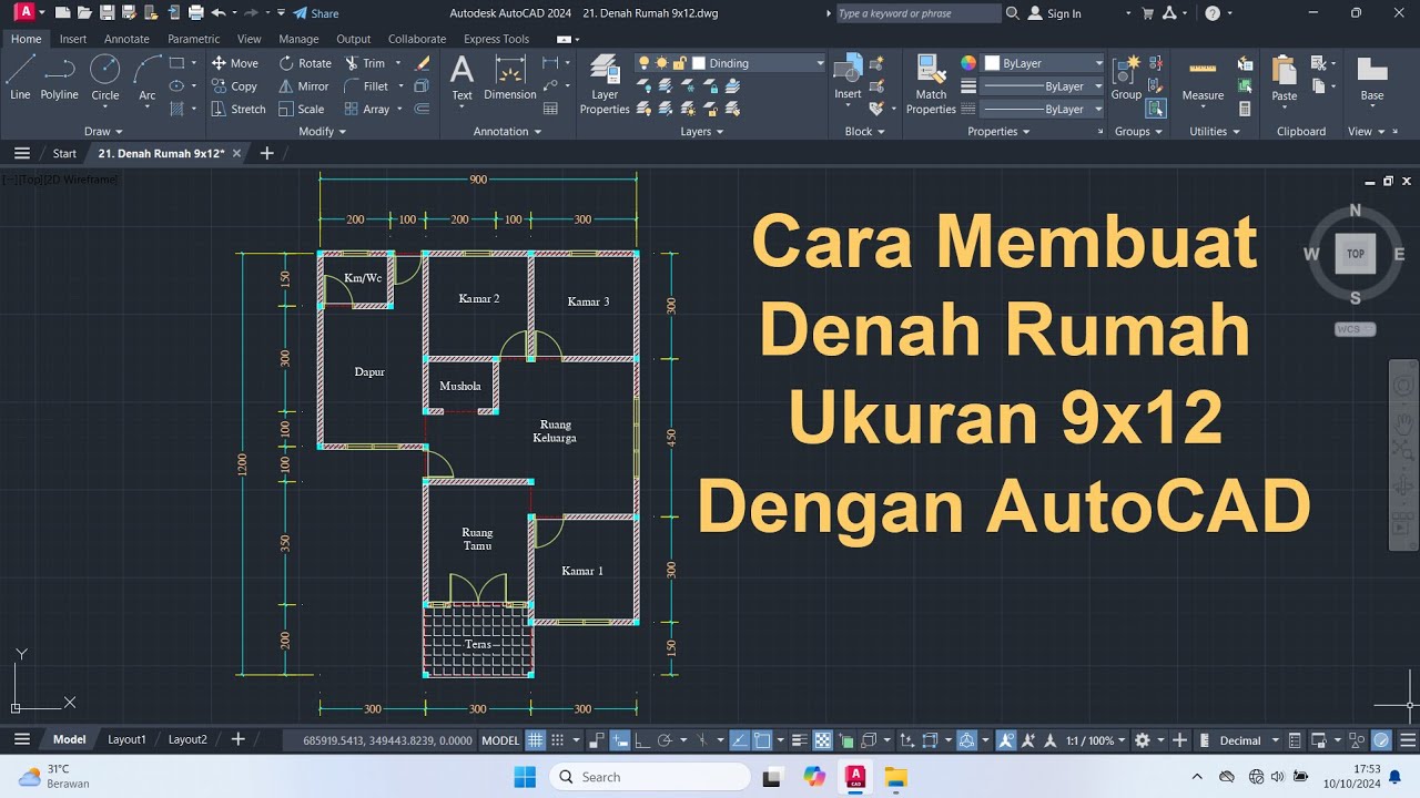 Cara Membuat Denah Rumah Ukuran 9x12 Dengan AutoCAD - YouTube