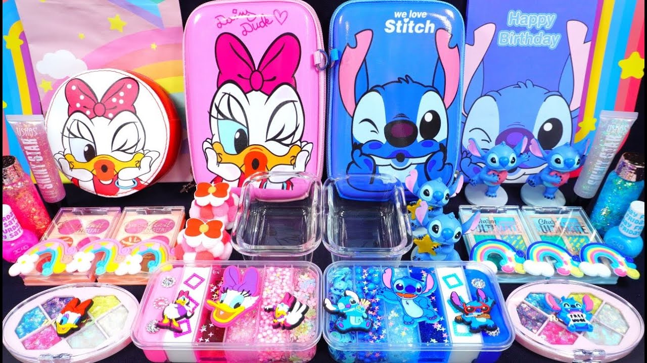 "Pink Daisy Duck VS Blue Stitch" Slime. Mixing Makeup into clear slime ...