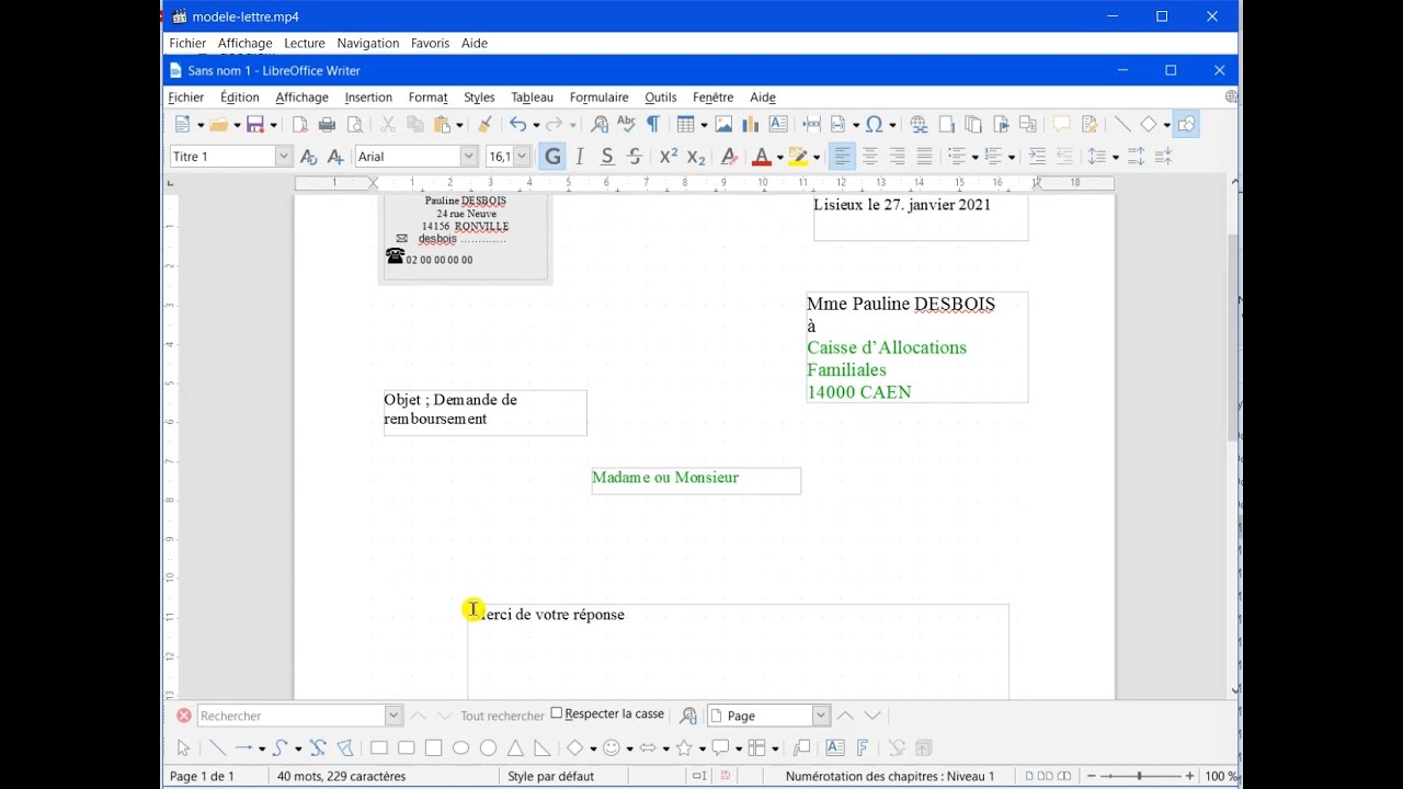 Réaliser un modèle de lettre dans Libre office Writer - YouTube