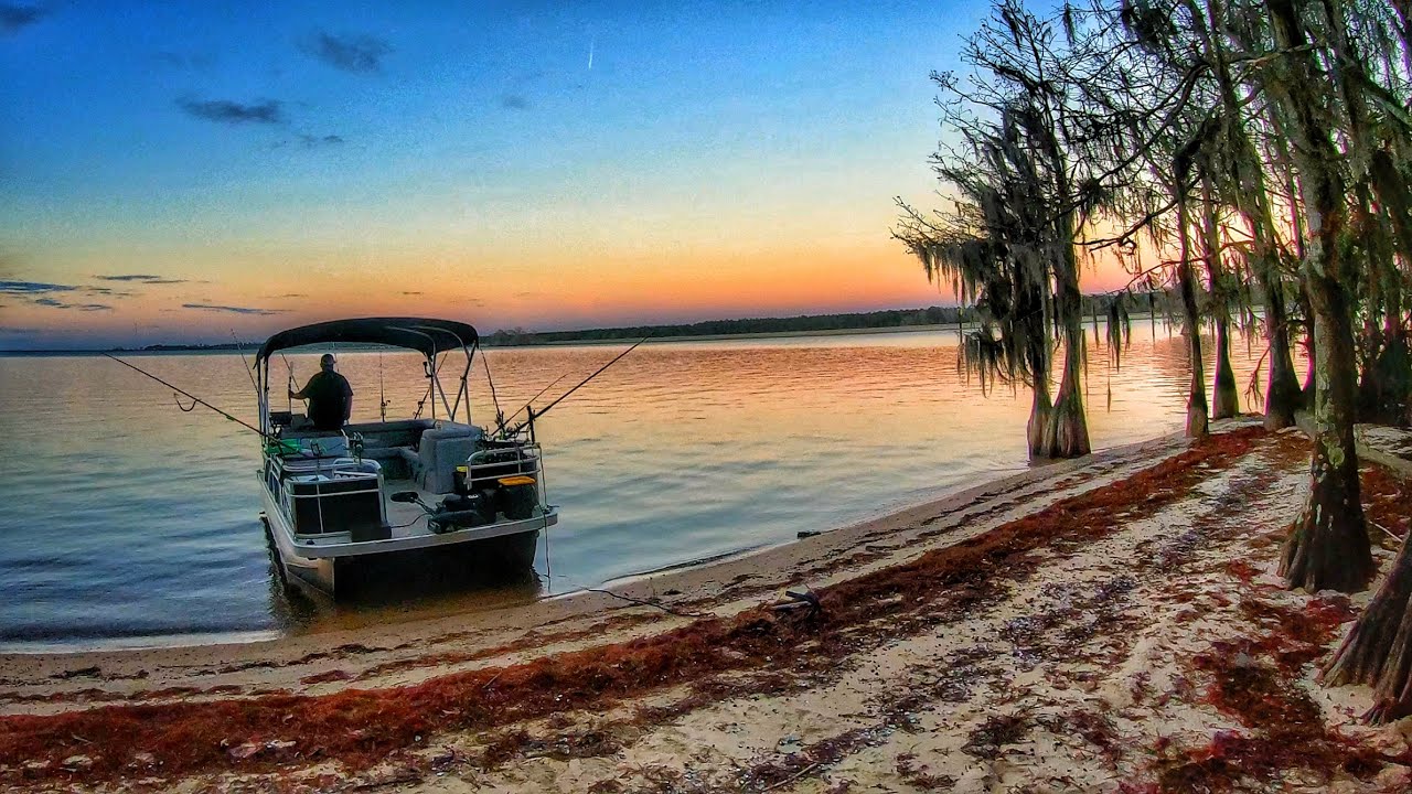 Solo overnight beach camping on a remote island bank fishing pontoon ...