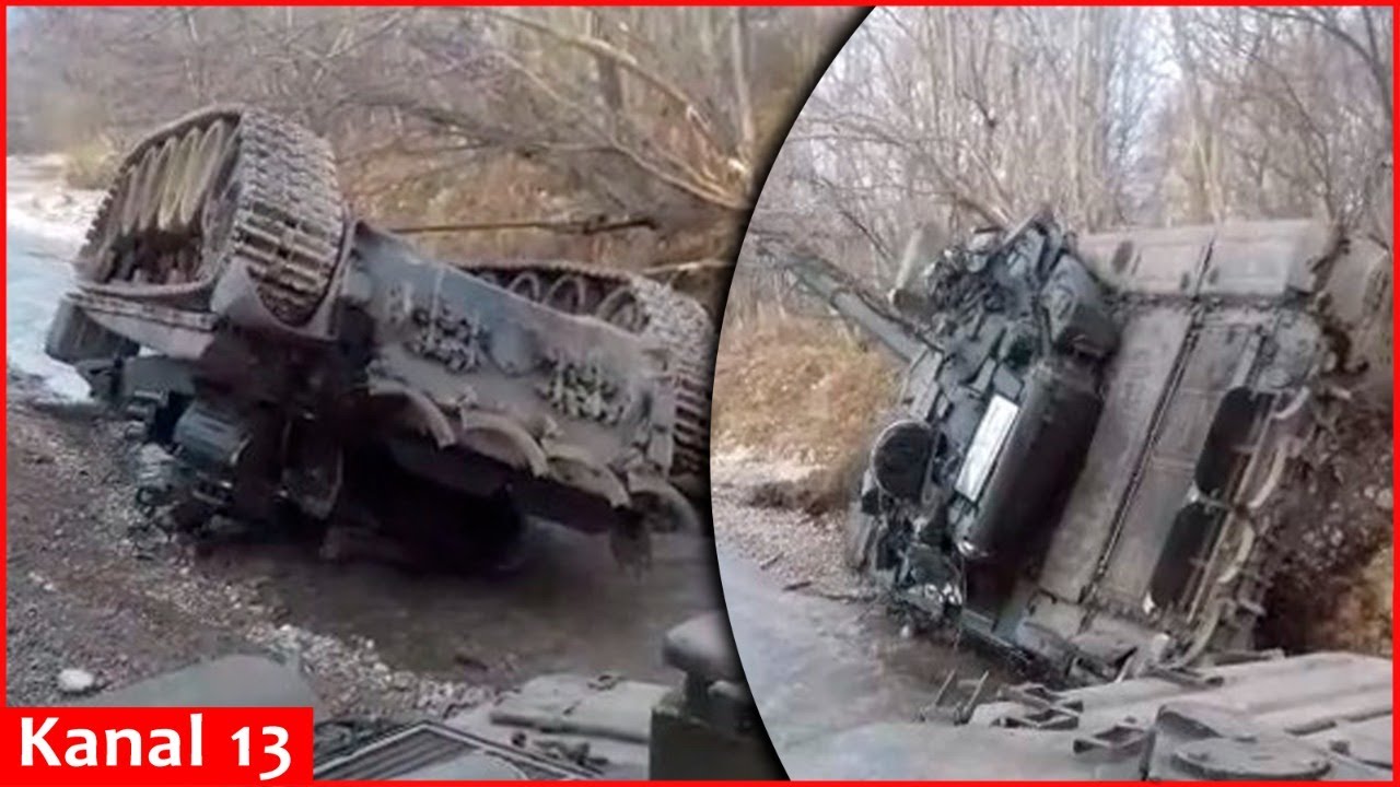 Russian tank crashes, overturning it blocks the road - YouTube