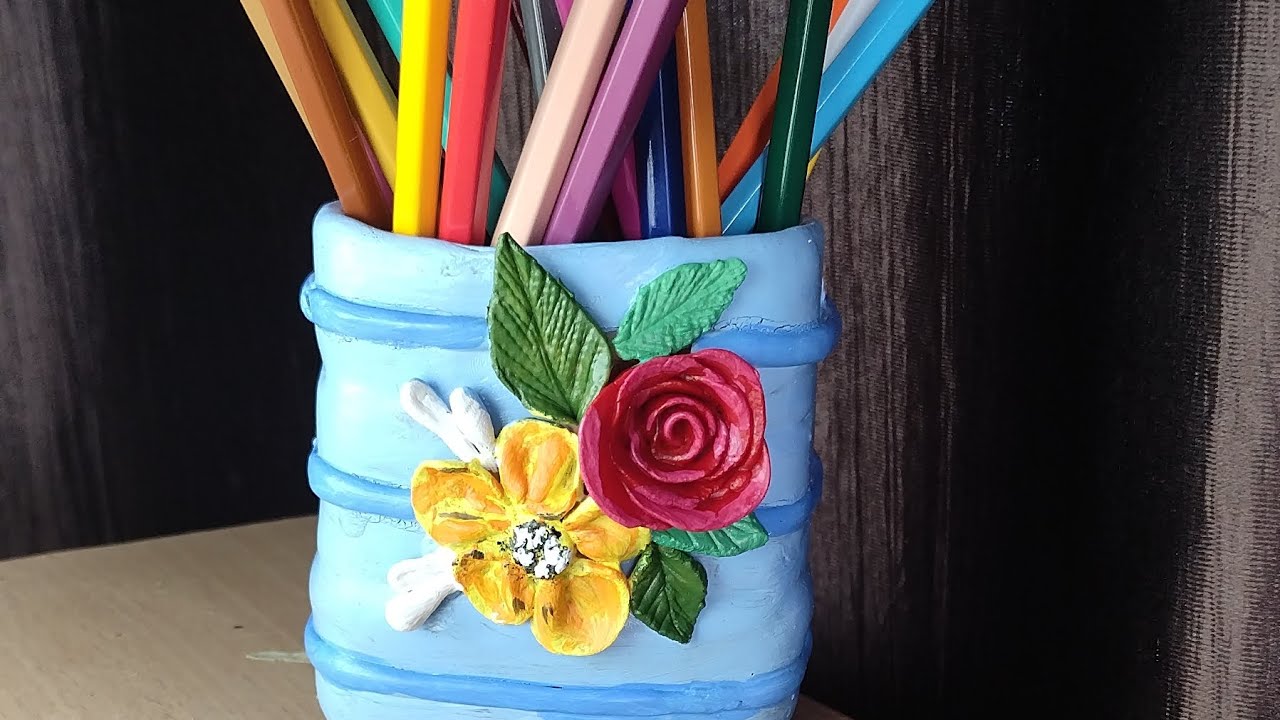 DIY Pencil stand with water bottle and clay ||How to Make Easy Pen ...