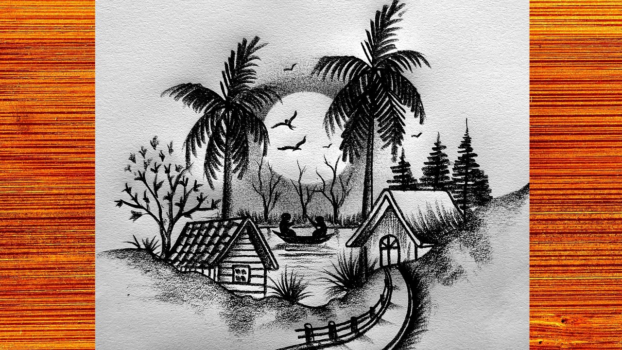 How to drawing morning sun landscape by pencil - YouTube