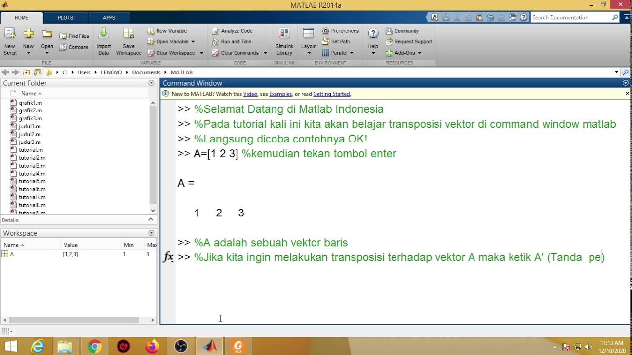 Transposisi Vektor di Command Window Matlab - YouTube