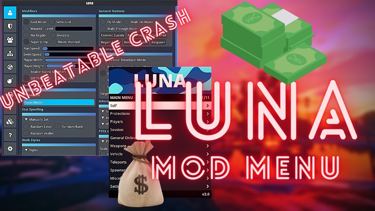 LUNA MOD MENU SHOWCASE | CUSTOM MONEY DROPS AND INSANE PROTECTIONS ...