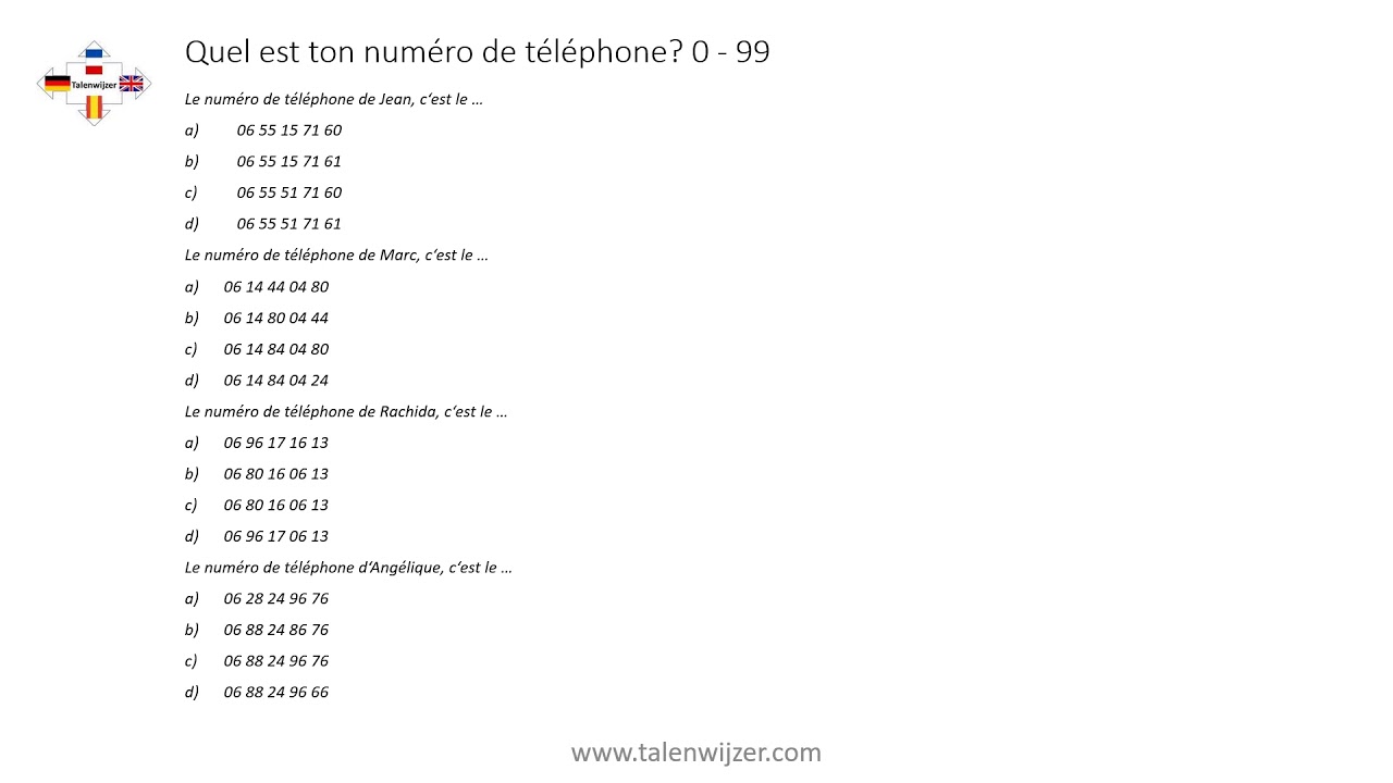 Franse getallen: telefoonnummers 0-99 herkennen - multiple choice ...