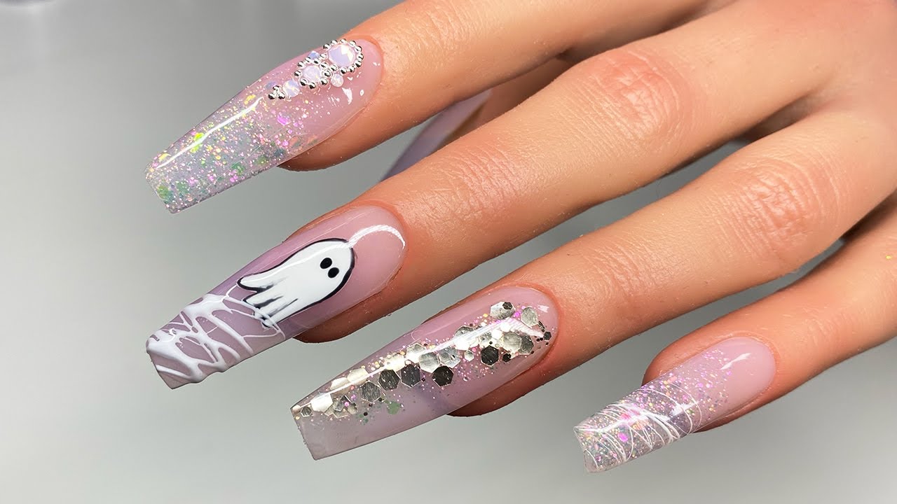 🌸 CUTE PINK & GOLD Halloween Ghost Nails 👻 Acrylic Nails | Glitter ...
