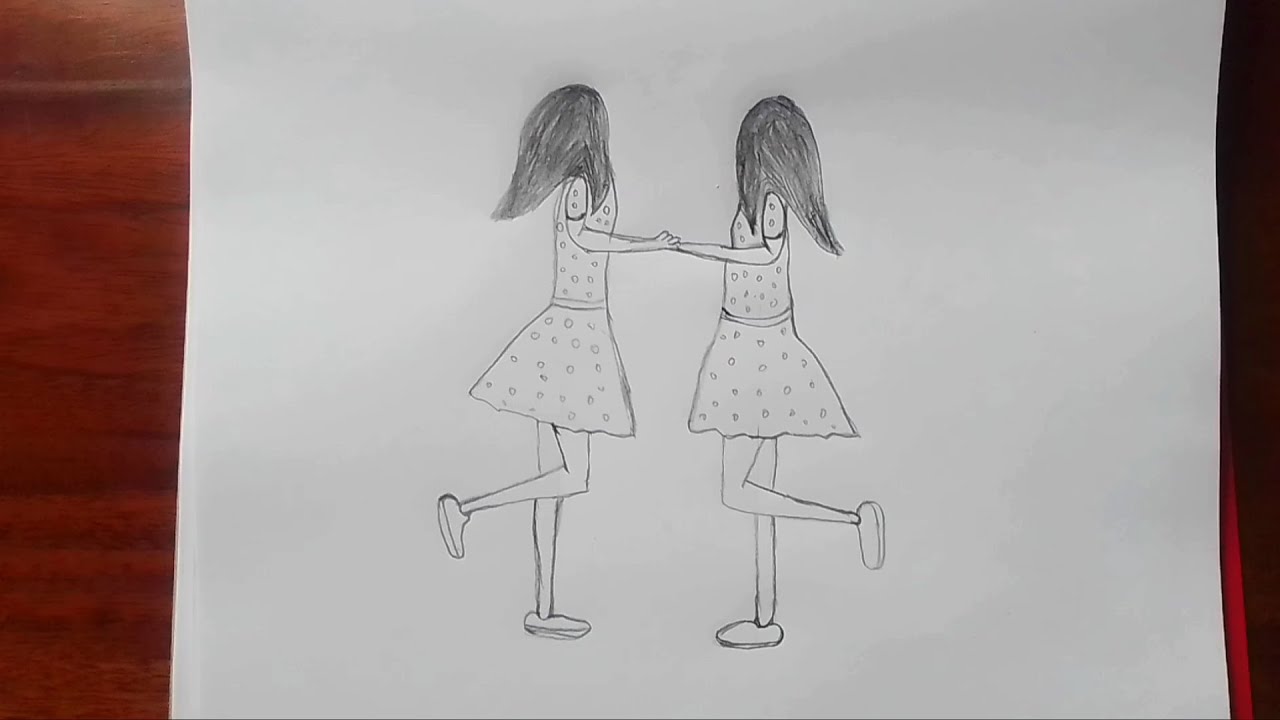 How to easily draw a two girls are handshaking - shadow drawing ...