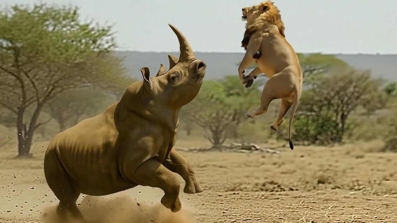 Un León ataca a un Rinoceronte gigante… ¡y sucede lo inesperado! - YouTube