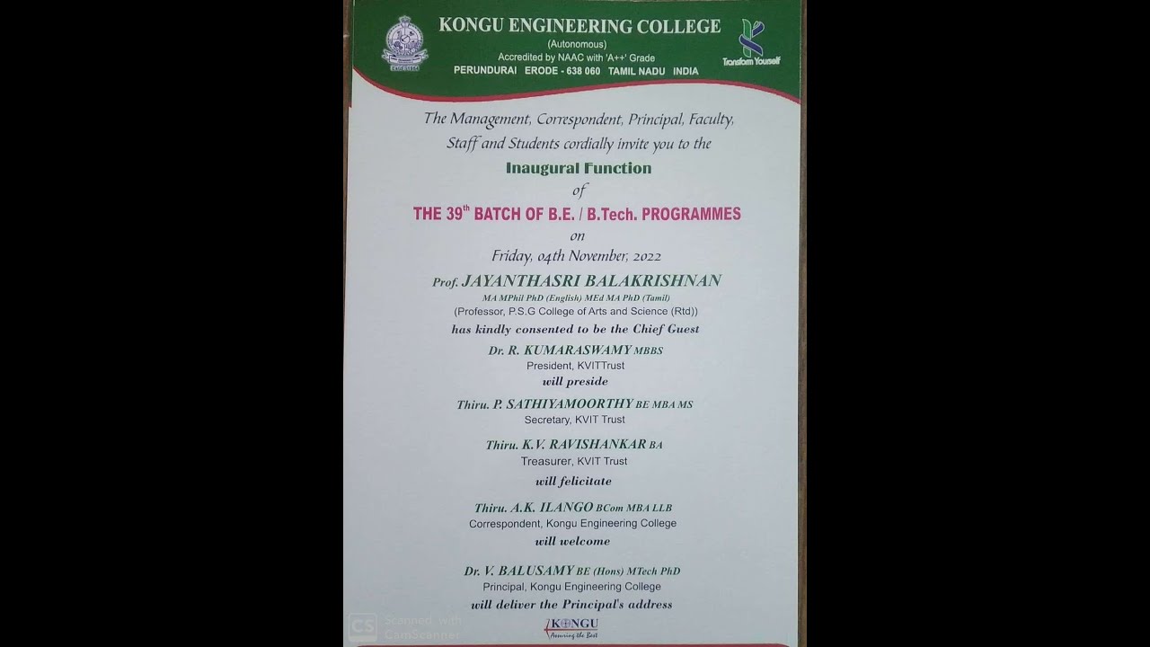 INAUGURAL FUNCTION - 39TH BATCH OF B.E/B.TECH PROGRAMMES @ KONGU ...