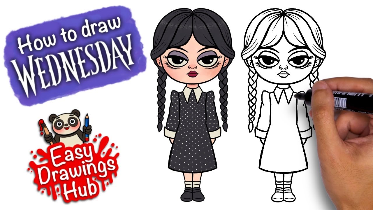 How to draw Wednesday Addams in 7 minutes - Easy Drawing - YouTube