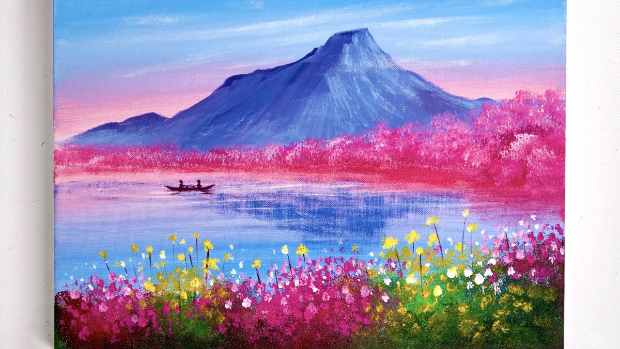 Spring Lake painting | Cherry blossom | Mountain Landscape painting ...
