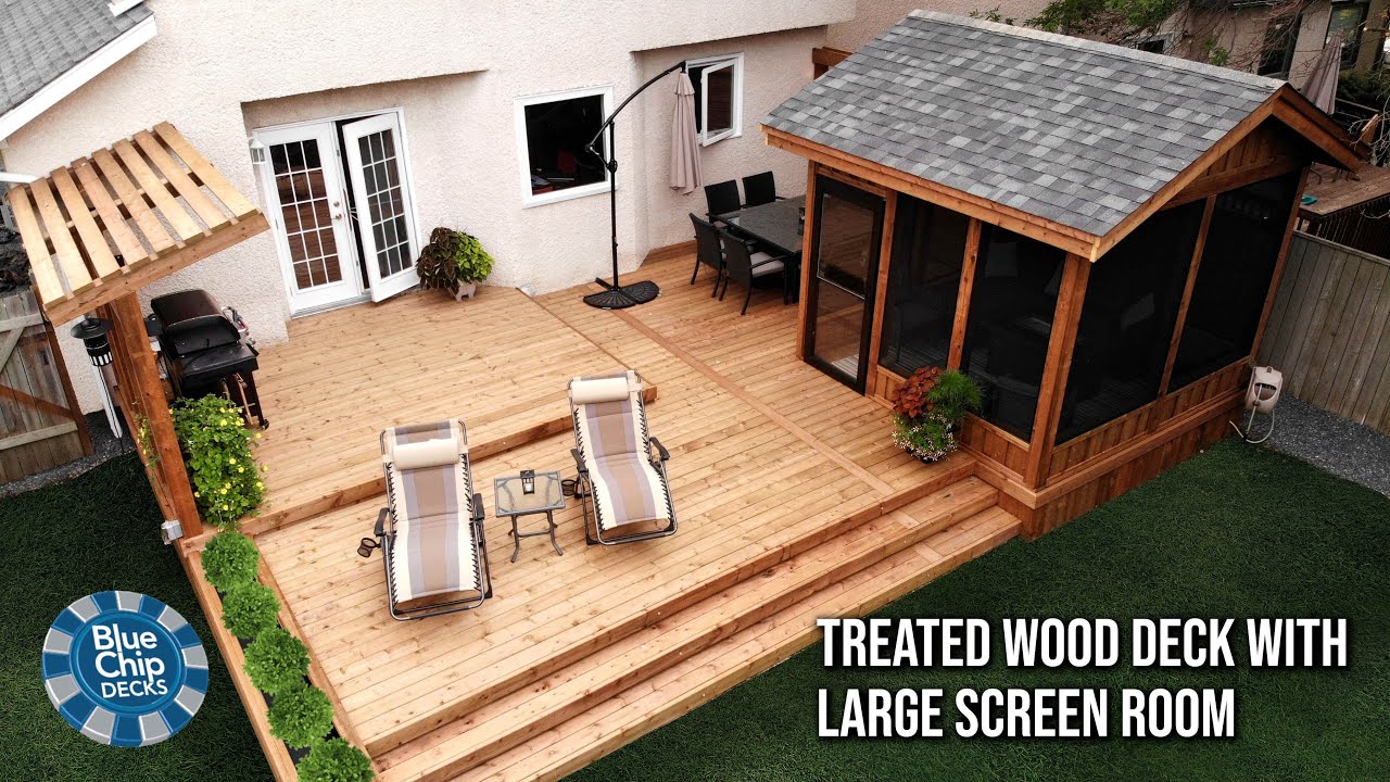 Large Treated Wood Deck With A Screen Room & Deck Planter - YouTube
