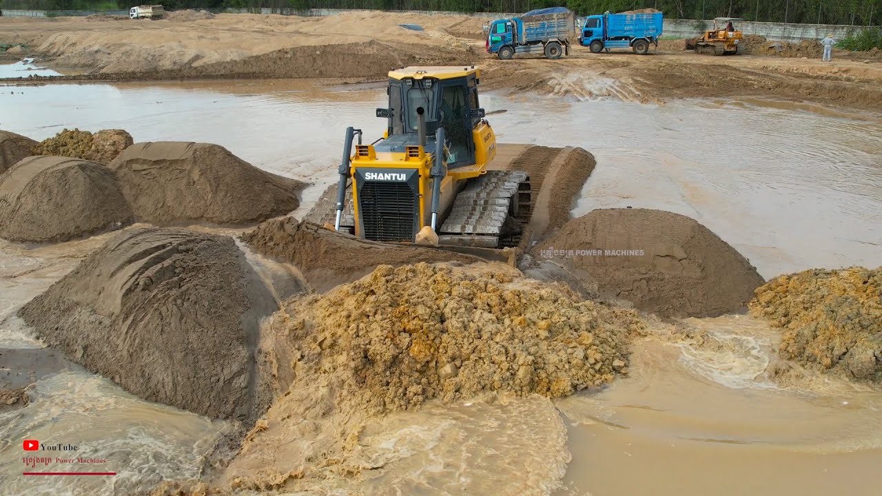 Wow.!! Good Extreme Big Bulldozer Moving Sand Drop In The Water And ...