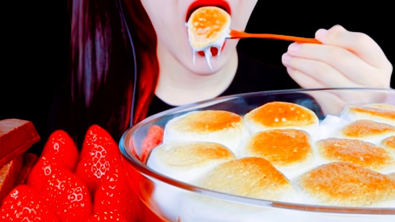 Mukbang, Delicious Fluffy Roasted Marshmallow and Strawberries, ASMR ...
