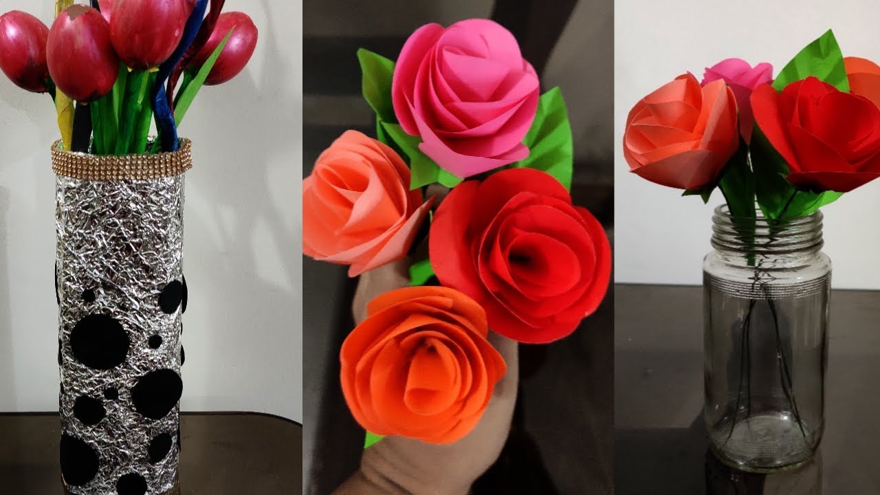 DIY cardboard flower vase/ rose flowers making/ home decor ideas/ craft ...