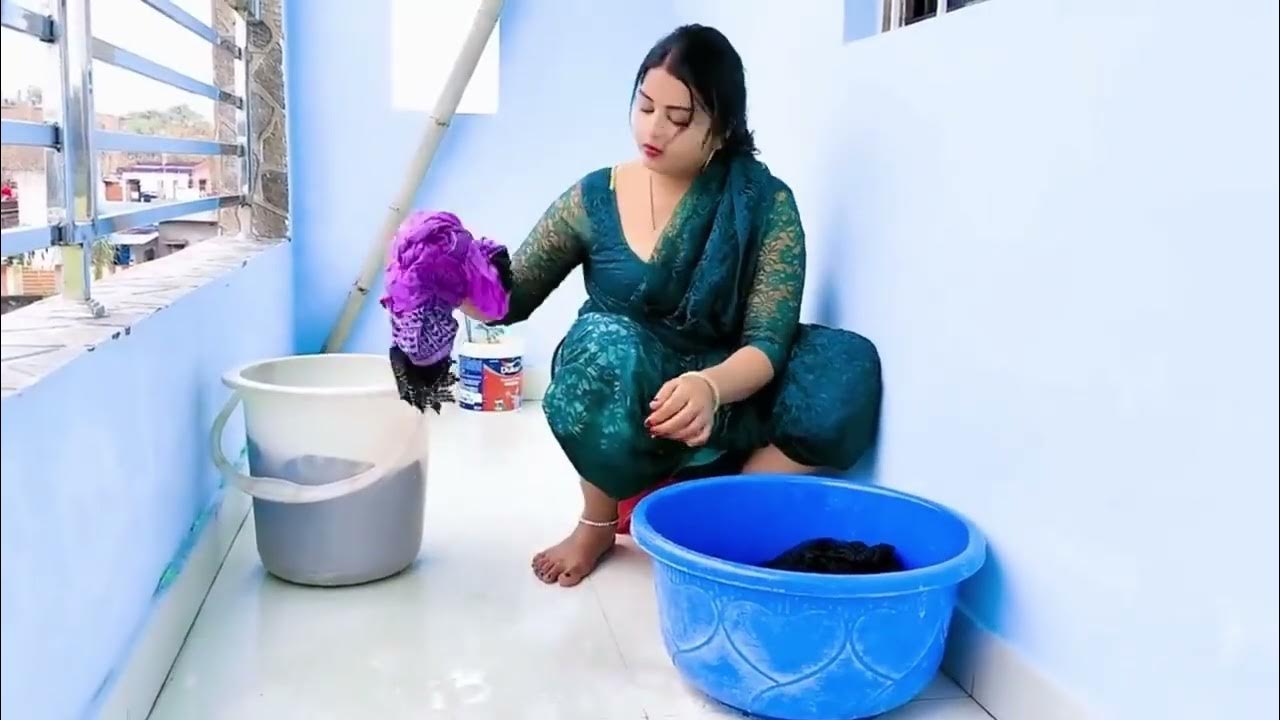 aunty cleaning home vlog saree ! desi Style how to wash clothes by hand - Village style - YouTube