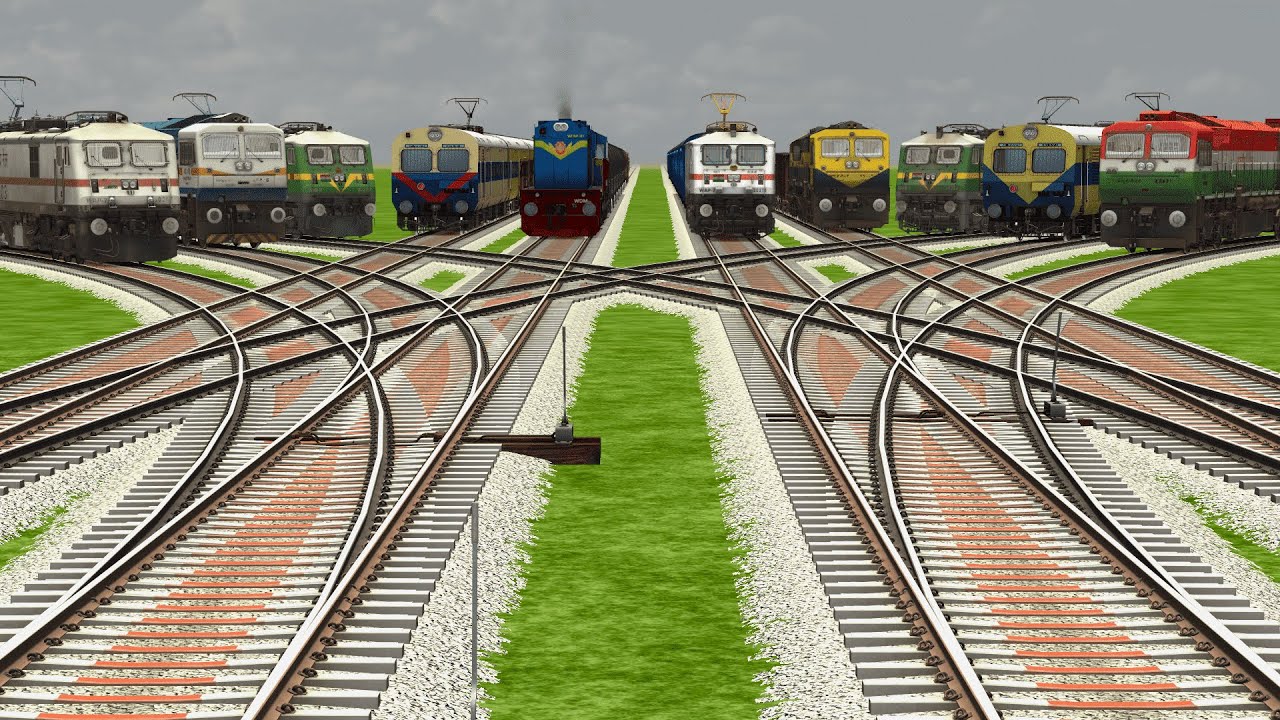 10 TRAINS CROSSING BY CURVED GRADIENT 3D RAILROAD CROSSING TRACKS ...