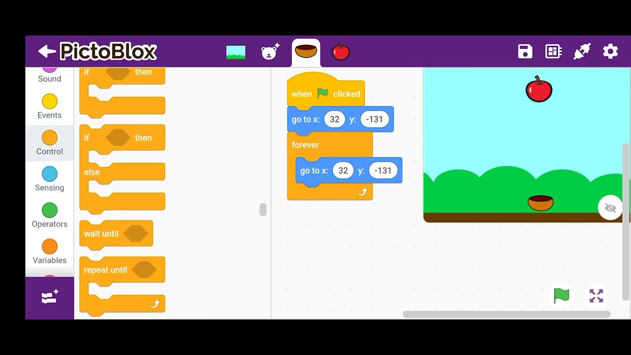 My first YouTube video..🤩. Game on pictiblox. Catch the apple. Step by ...