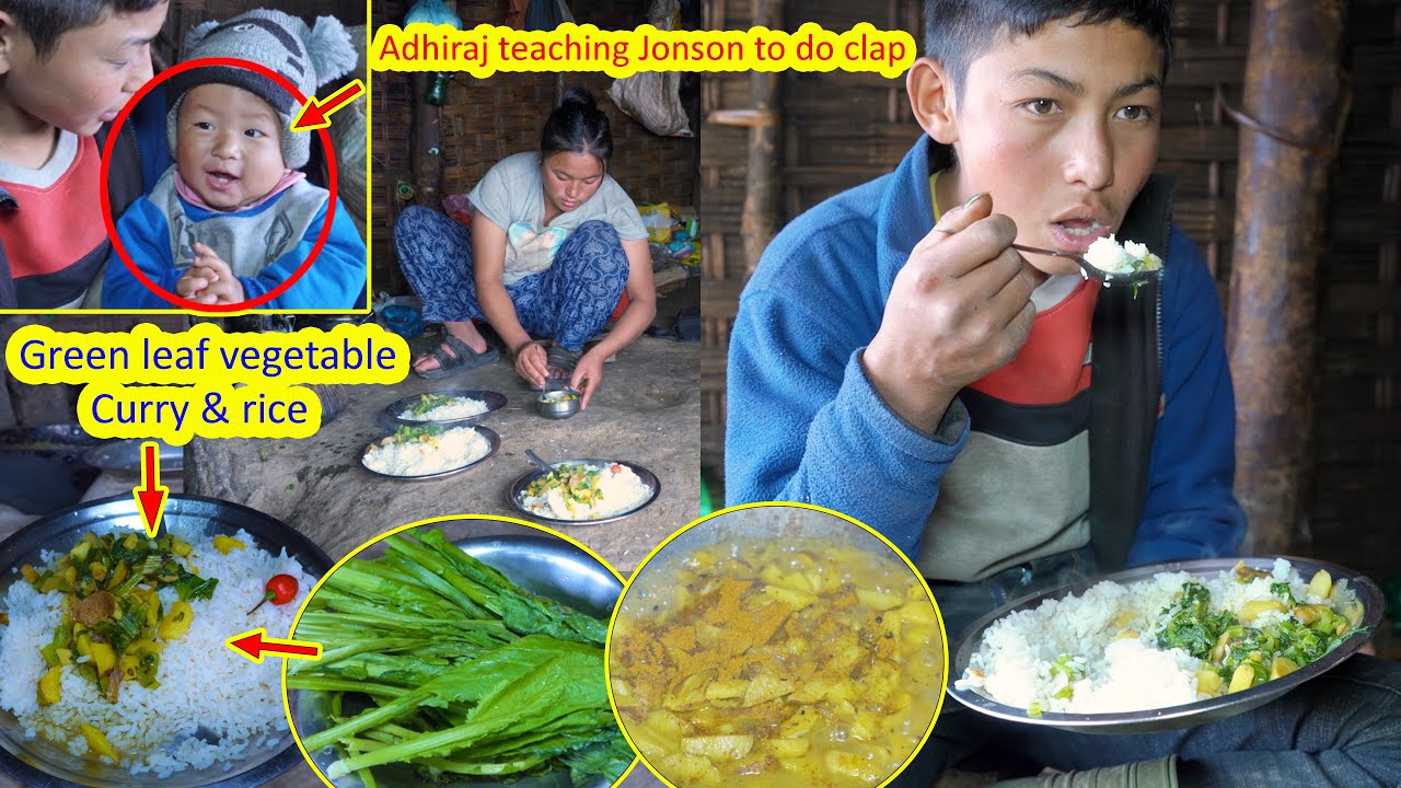 Jina Cooking green leaf Curry ||Jonson learning Clap || Enjoying veg ...
