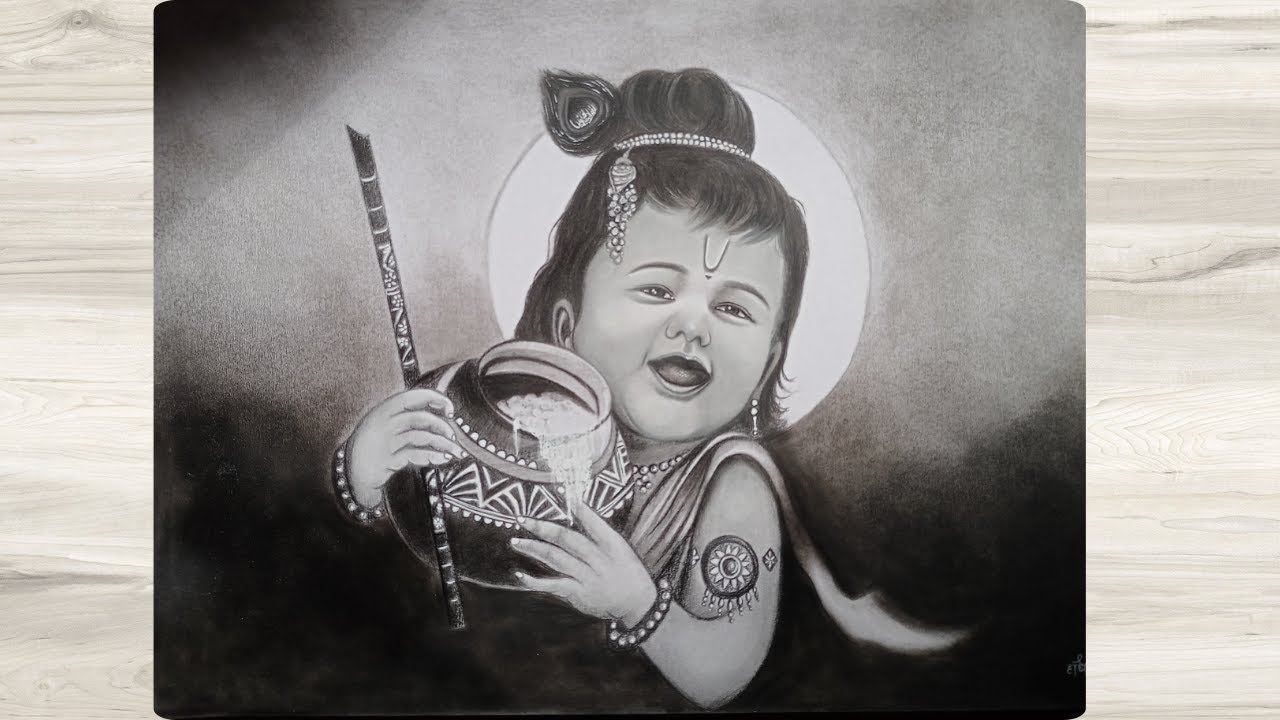 Realistic Bal Krishna drawing | Hyper-realistic charcoal Bal Krishna ...
