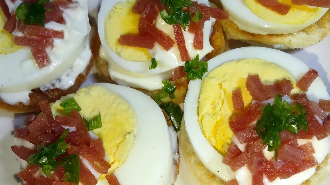 Egg and bacon canape - YouTube