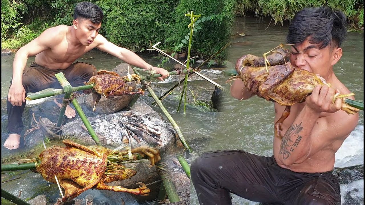 Survival Skills Wild Man Roasted Duck with Waterwheel Power / Eating ...