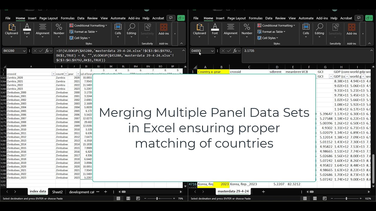 Merging two panel data sets by cross matching in Excel - YouTube