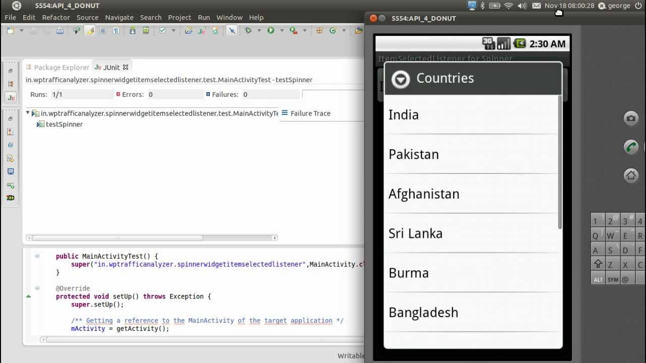 Testing ItemSelectedListener for Android Spinner Widget using Android ...