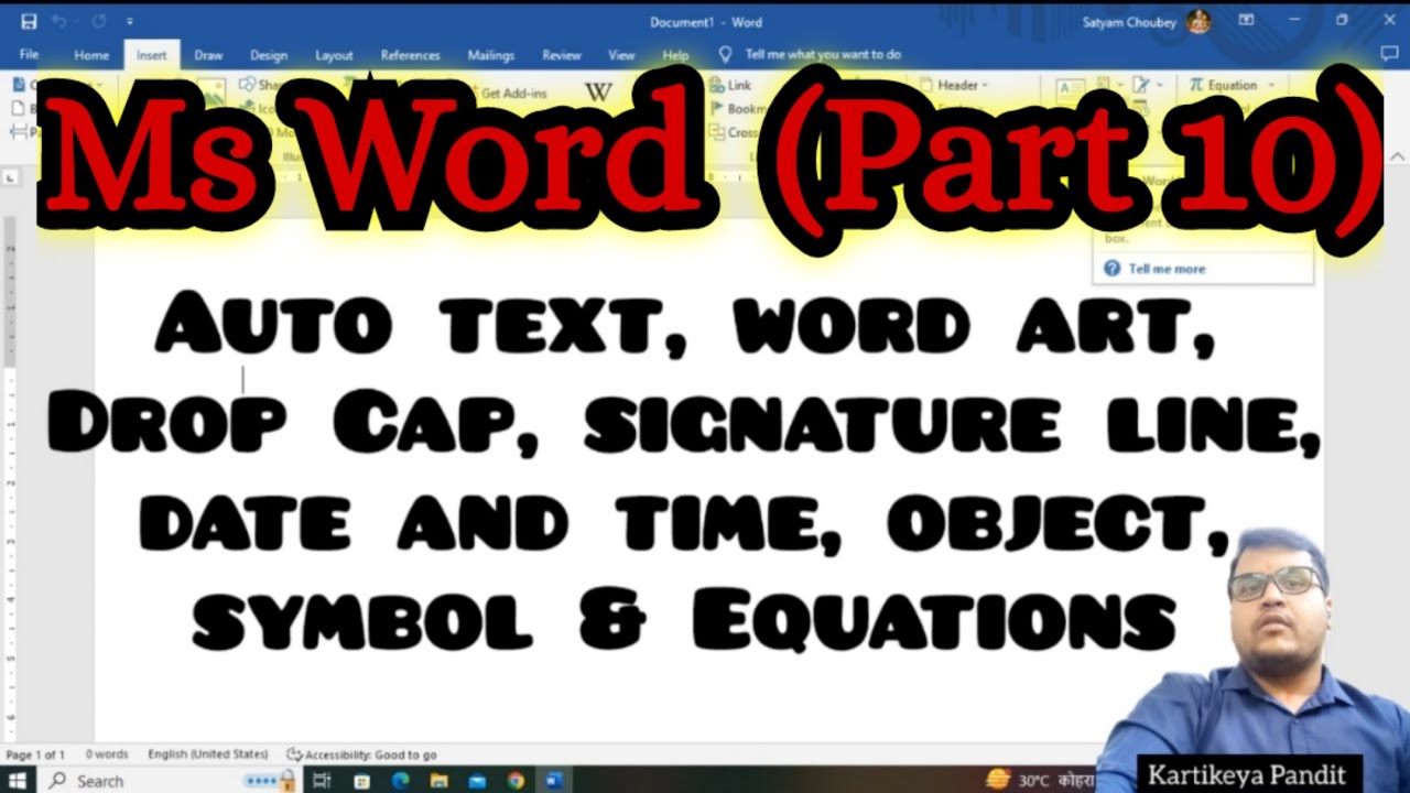 Ms Word Part 10 | Auto text | WordArt | Drop Cap | Symbols | Equations ...