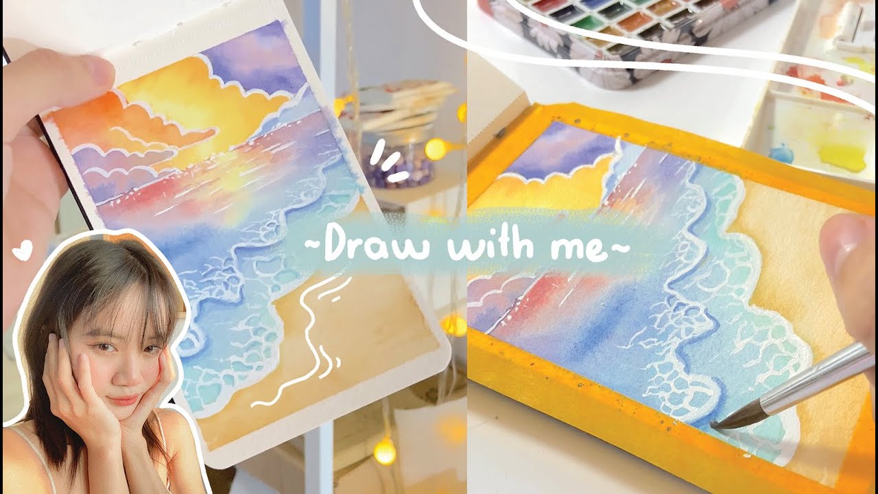 Draw with me ♡ Vẽ tranh hoàng hôn trên biển bằng màu nước đơn giản ...