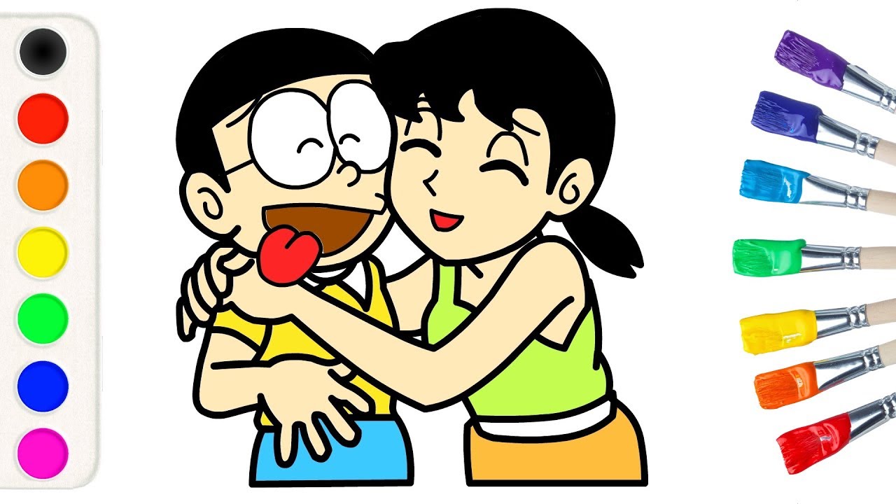 Learn To Draw and Color Nobita and Shizuka Love Picture for Kids - YouTube