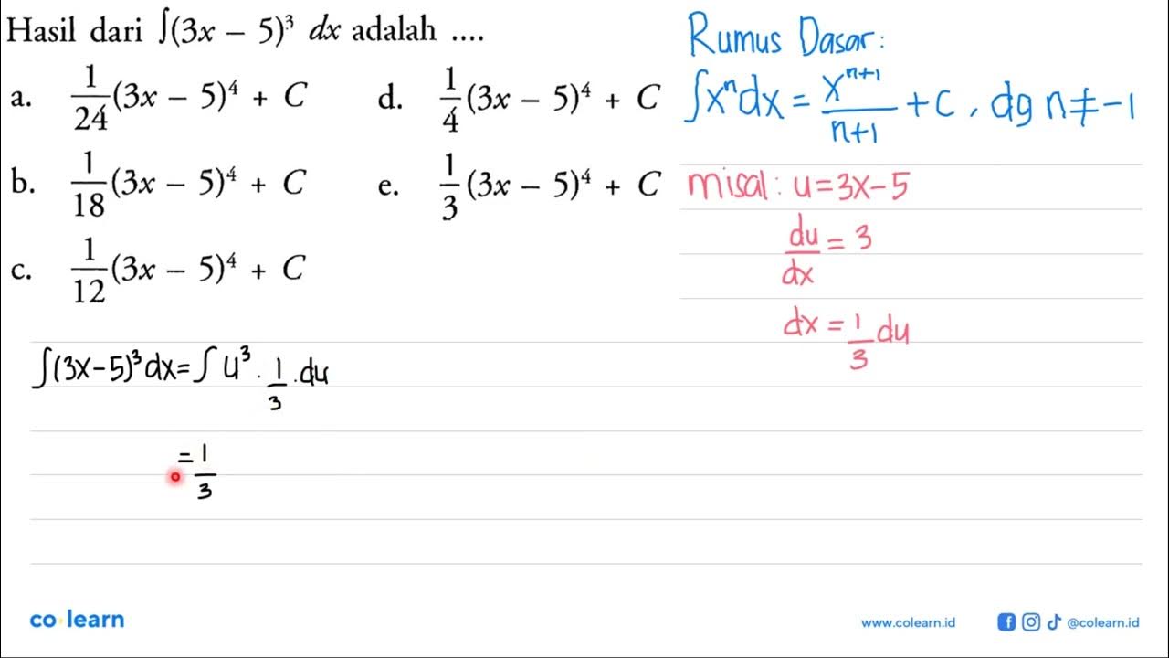 Hasil dari integral (3x-5)^3 dx adalah .... - YouTube