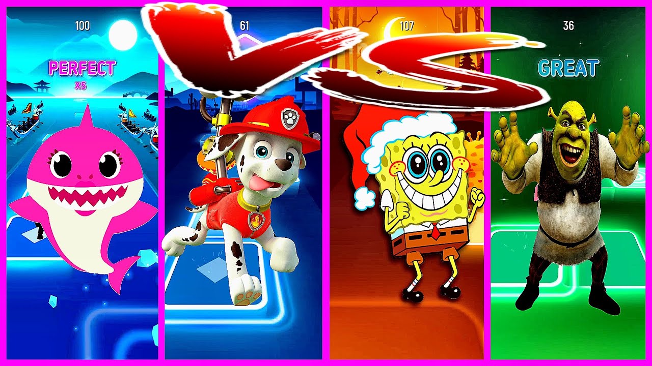 Baby Shark VS Marshall VS Spongebob VS Shrek Tiles Hop Game - YouTube