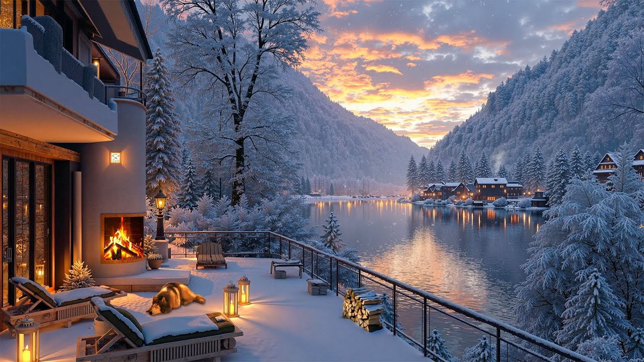 Cozy Winter Retreat ~ Smooth Jazz, Warm Firelight |Snow-Covered Terrace ...