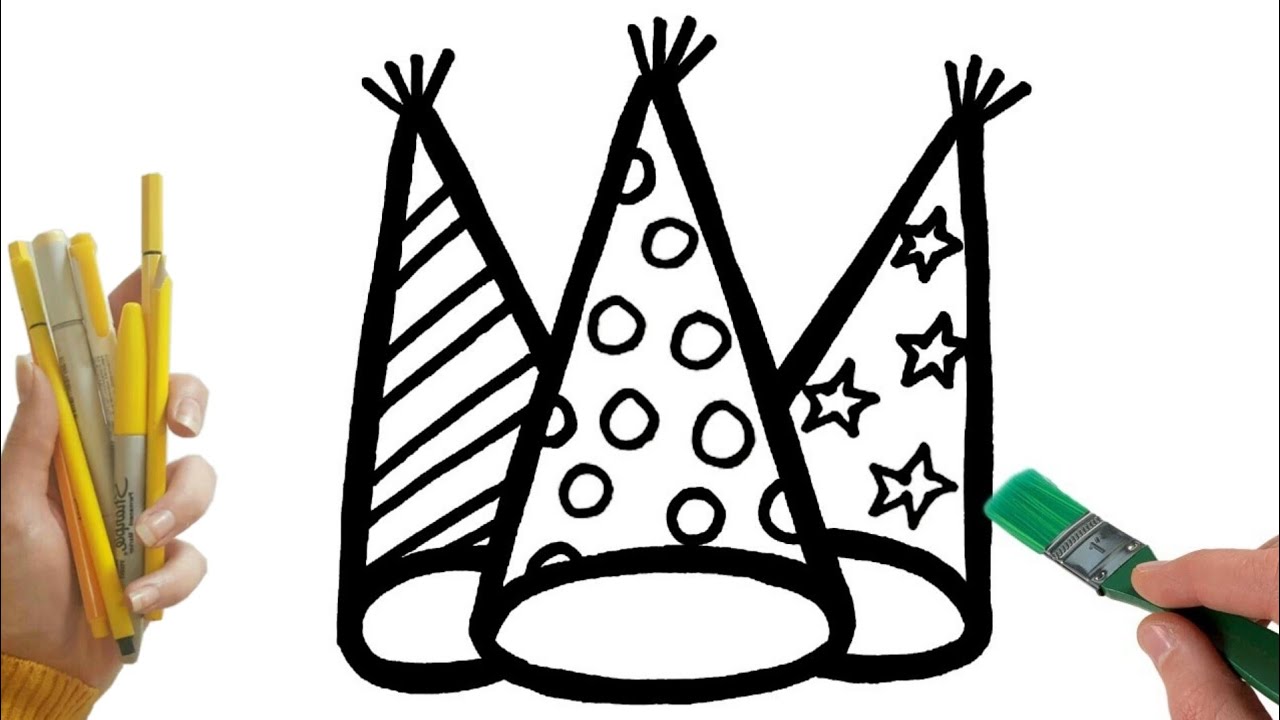 Easy Birthday party hats drawing, painting and colouring for kids ...