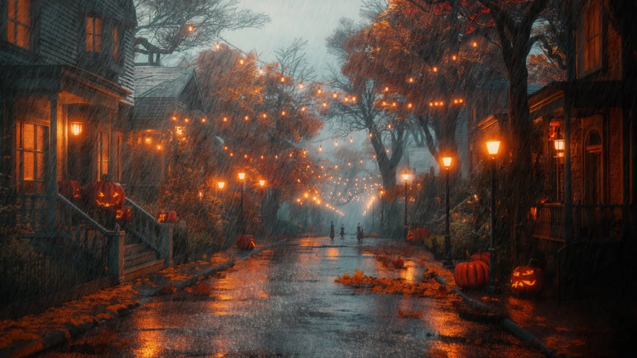 Cozy Fall Halloween Night Ambience - Thunderstorm for Relaxation ...