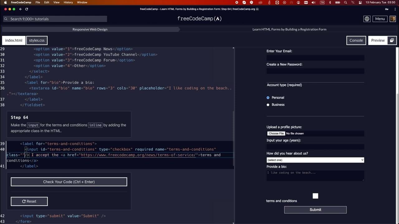 LEARN HTML FORMS BY BUILDING A REGISTRATION FORM STEP 64 #freecodecamp ...