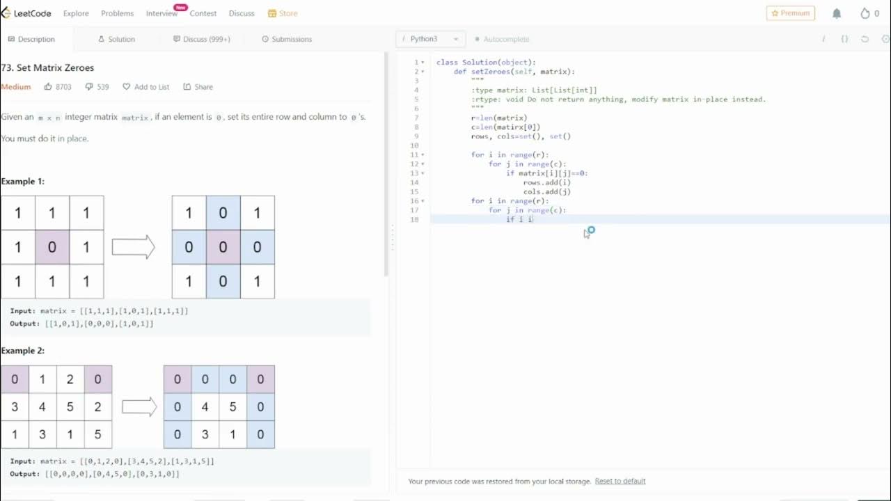 Solving Leetcode 73. Set Matrix Zeros in Python using extra memory - YouTube