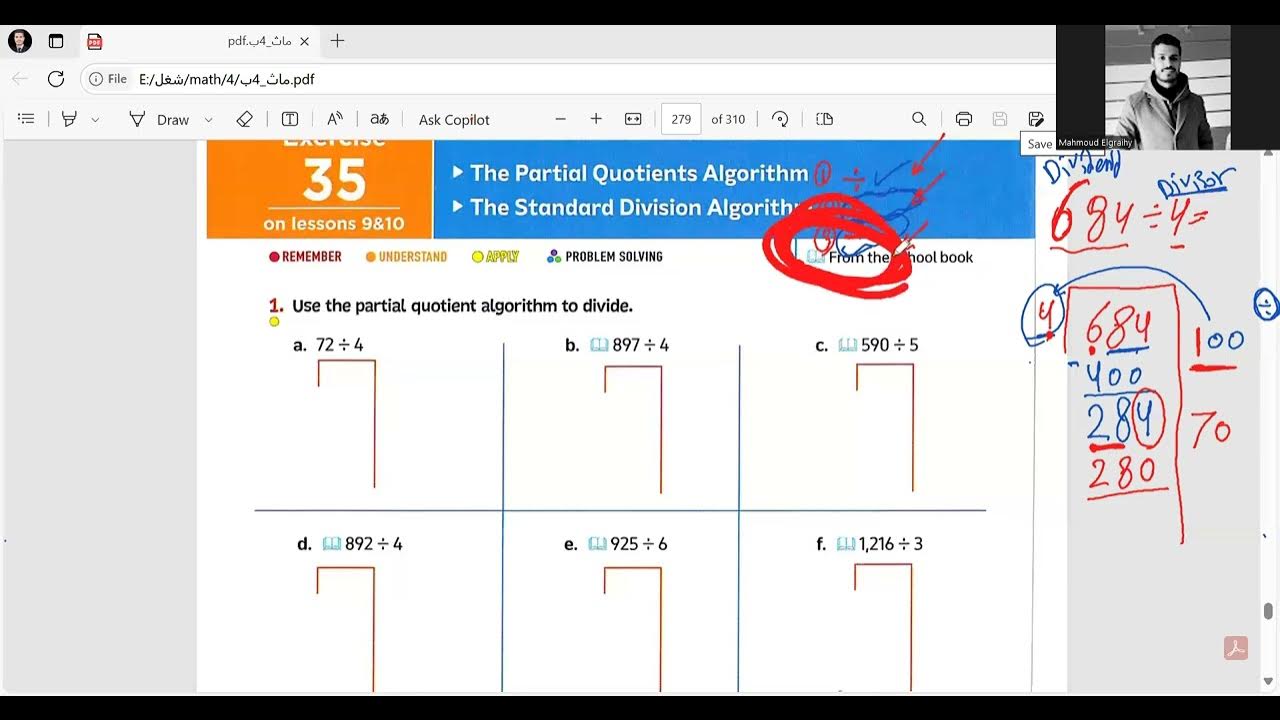 the partial quotients algorithm lesson 9 grade 4 unit 7 - YouTube